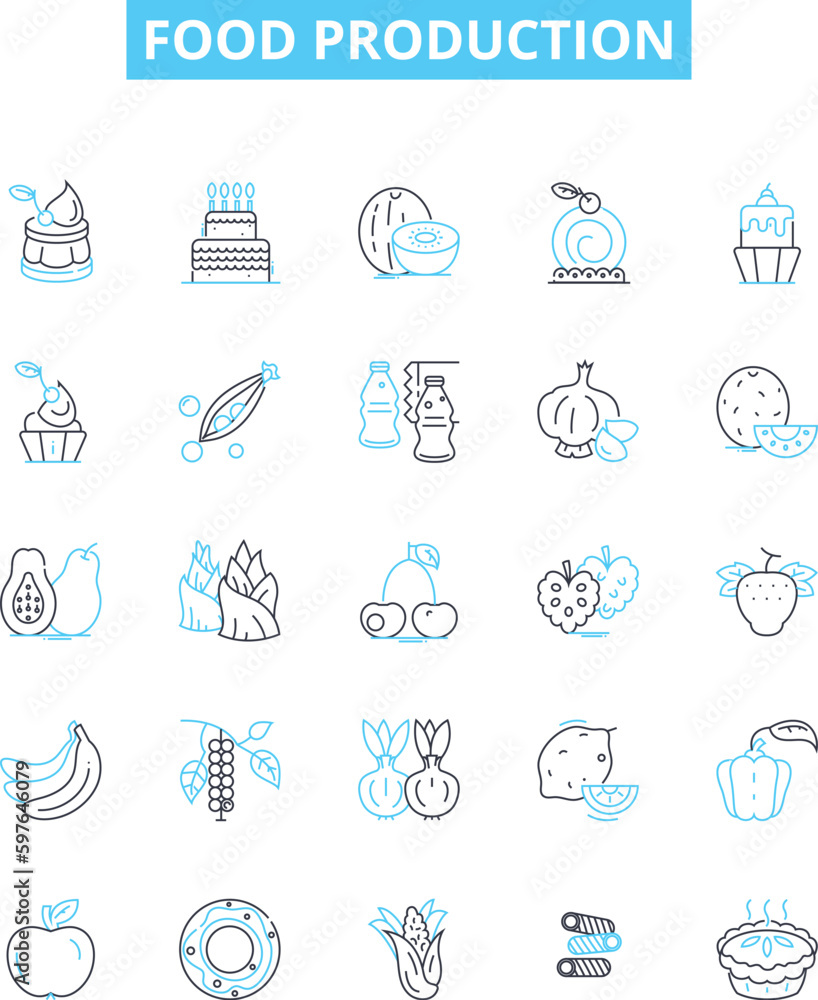 Food production vector line icons set. Farming, Agriculture, Processed ...