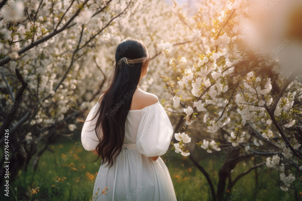 lade in a magical forest on a sunny day,A beautiful modern Chinese girl ...