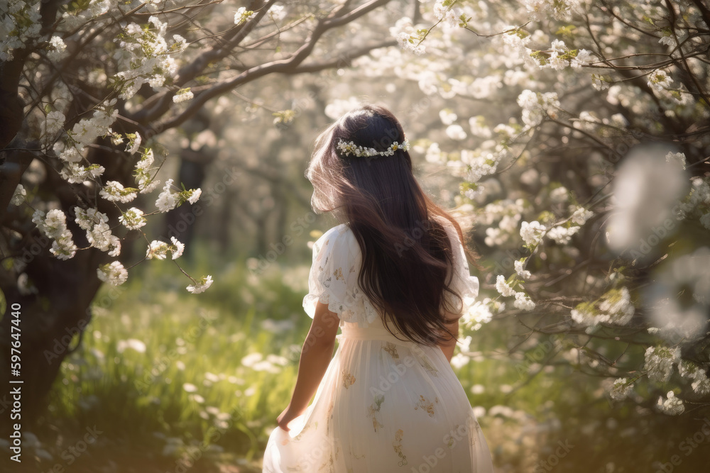 lade in a magical forest on a sunny day,A beautiful modern Chinese girl ...