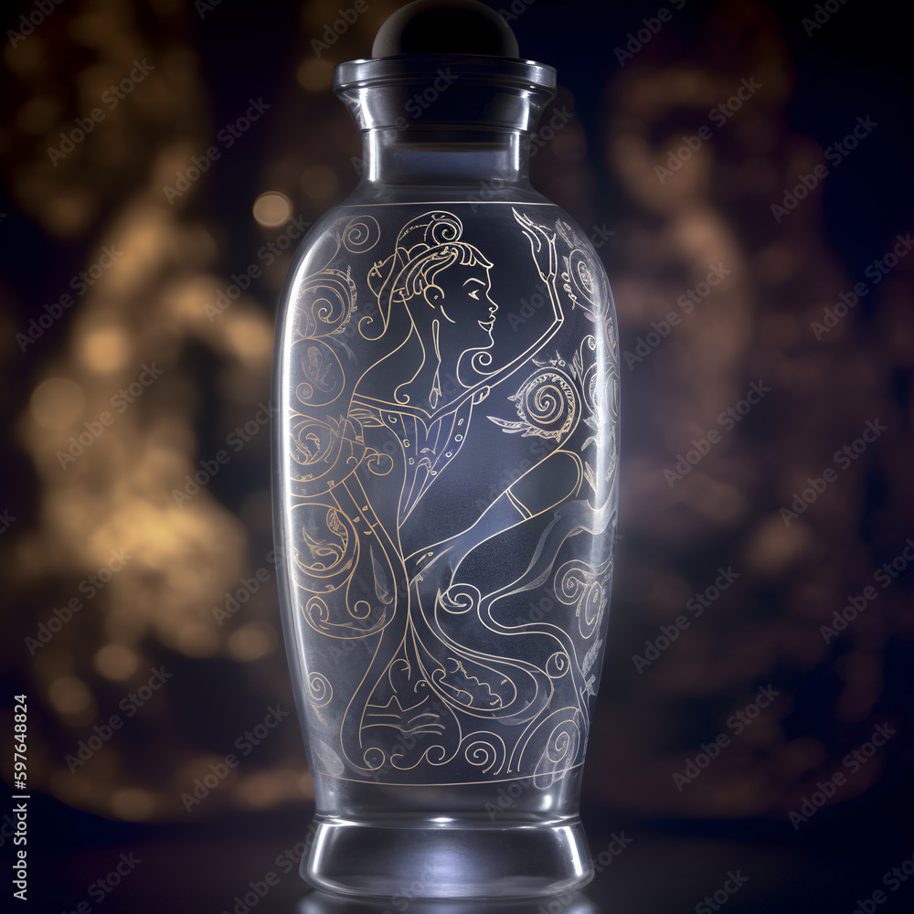 a genie-designed glass bottle. The genie is portrayed as a mystical ...