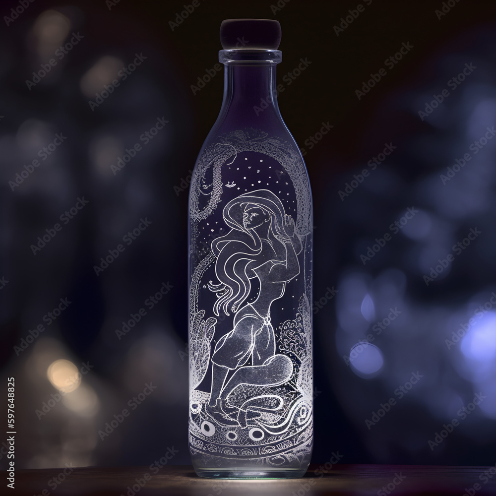 a genie-designed glass bottle. The genie is portrayed as a mystical ...