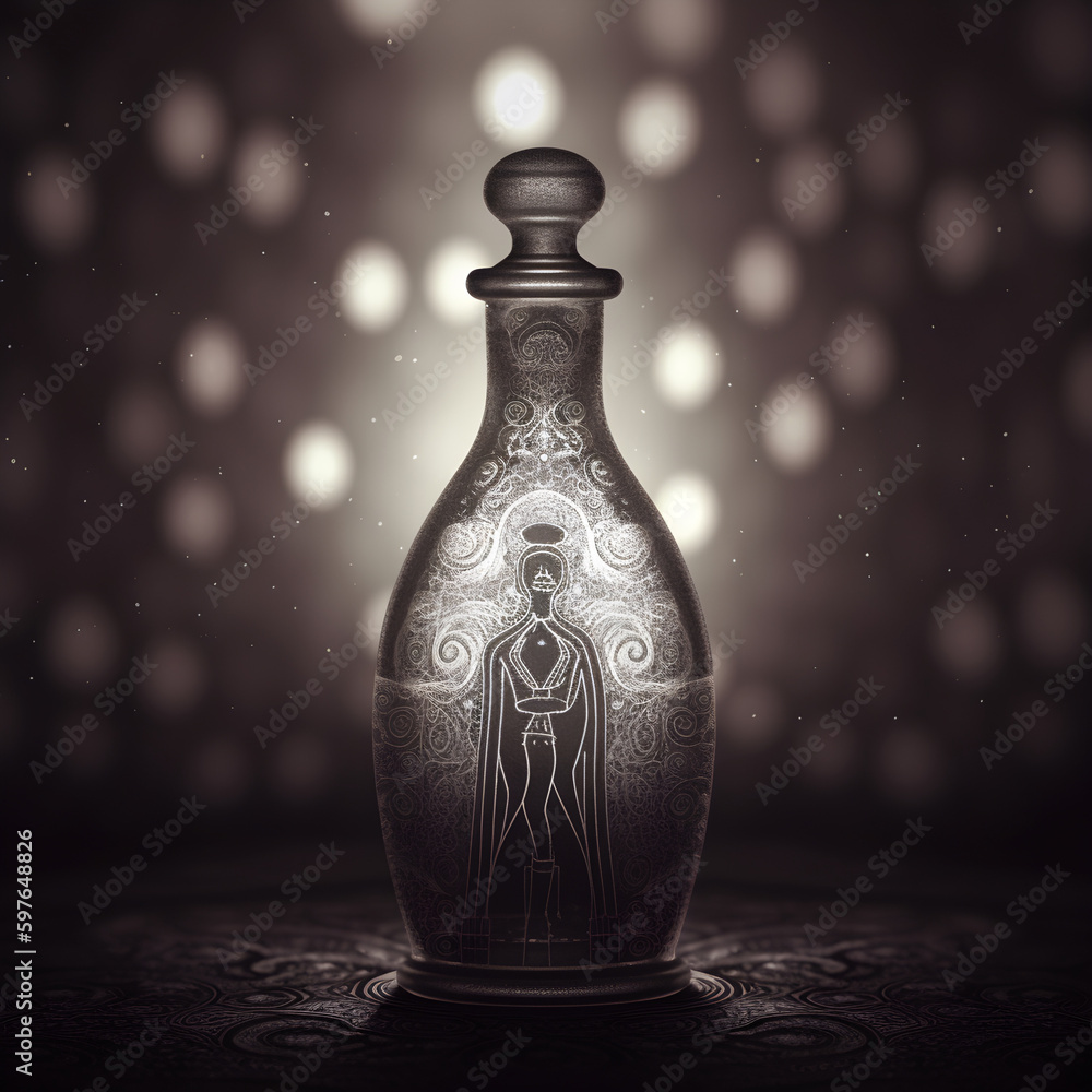 a genie-designed glass bottle. The genie is portrayed as a mystical ...