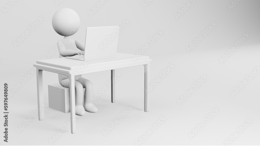 3d stickman playing laptop from the side and on the side there is still ...