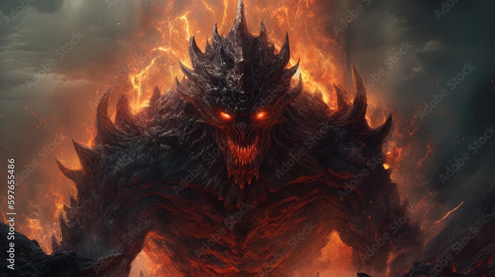 fiery monster with blazing red eyes, digital art illustration ...