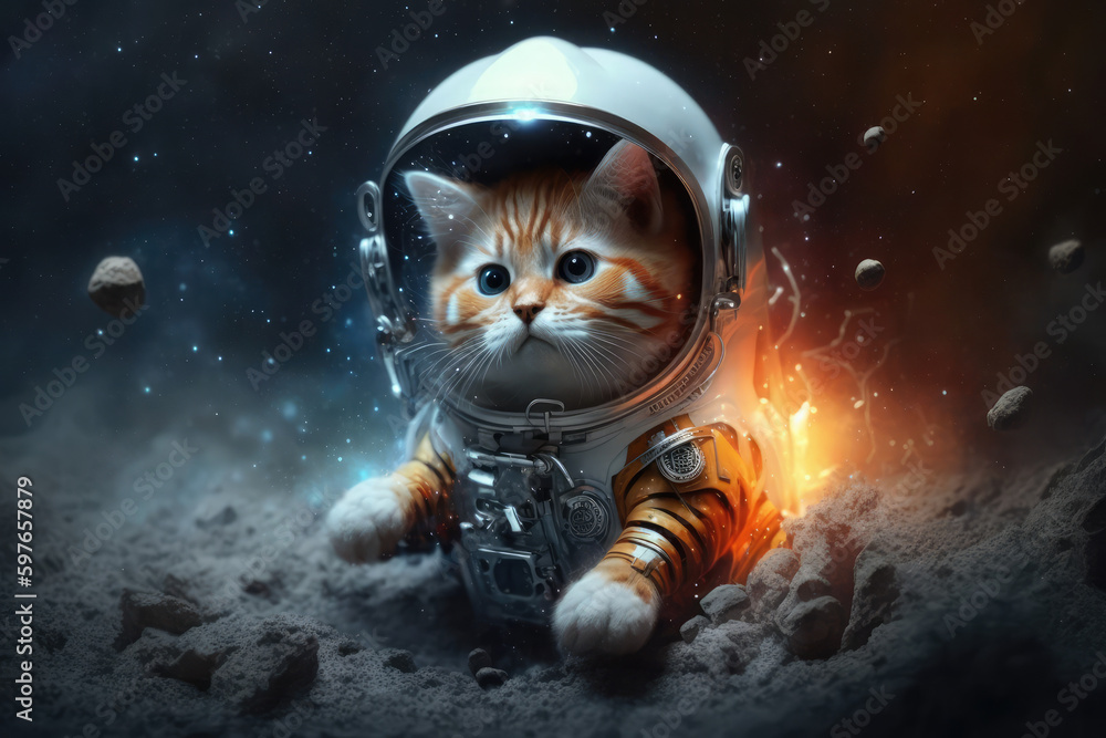 kitten in outer space that are wearing a space suit, an astronaut cat ...