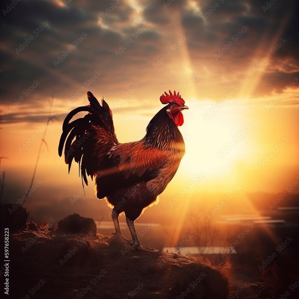 rooster against a glowing sun background and a gorgeous, blurry morning ...