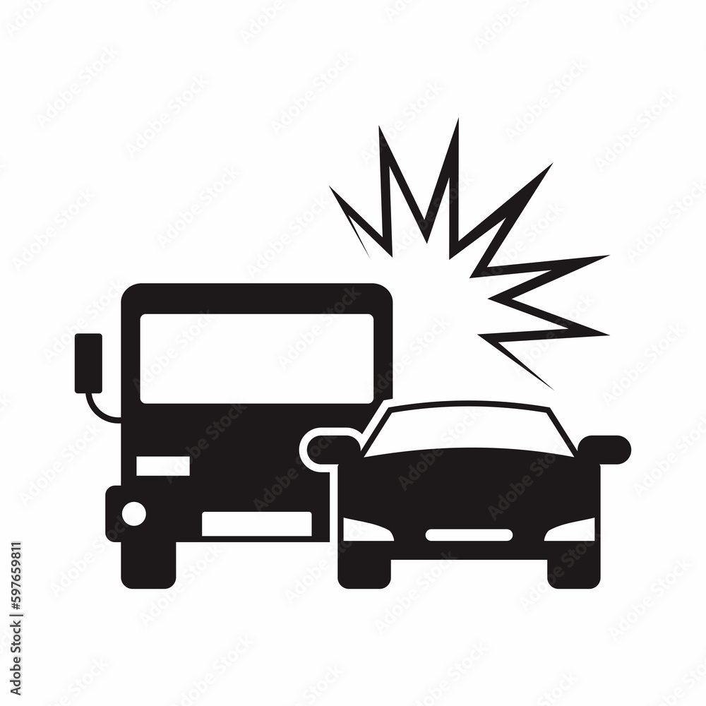 Truck crash with car. Hit back road incident. Icon and symbol vector ...