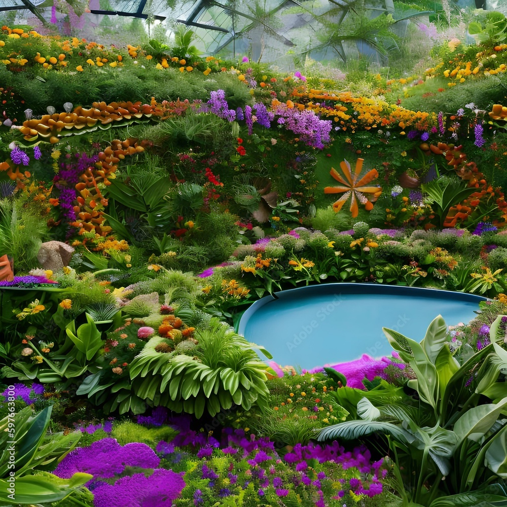 A digital garden of organic shapes and colors, with flowers and plants ...