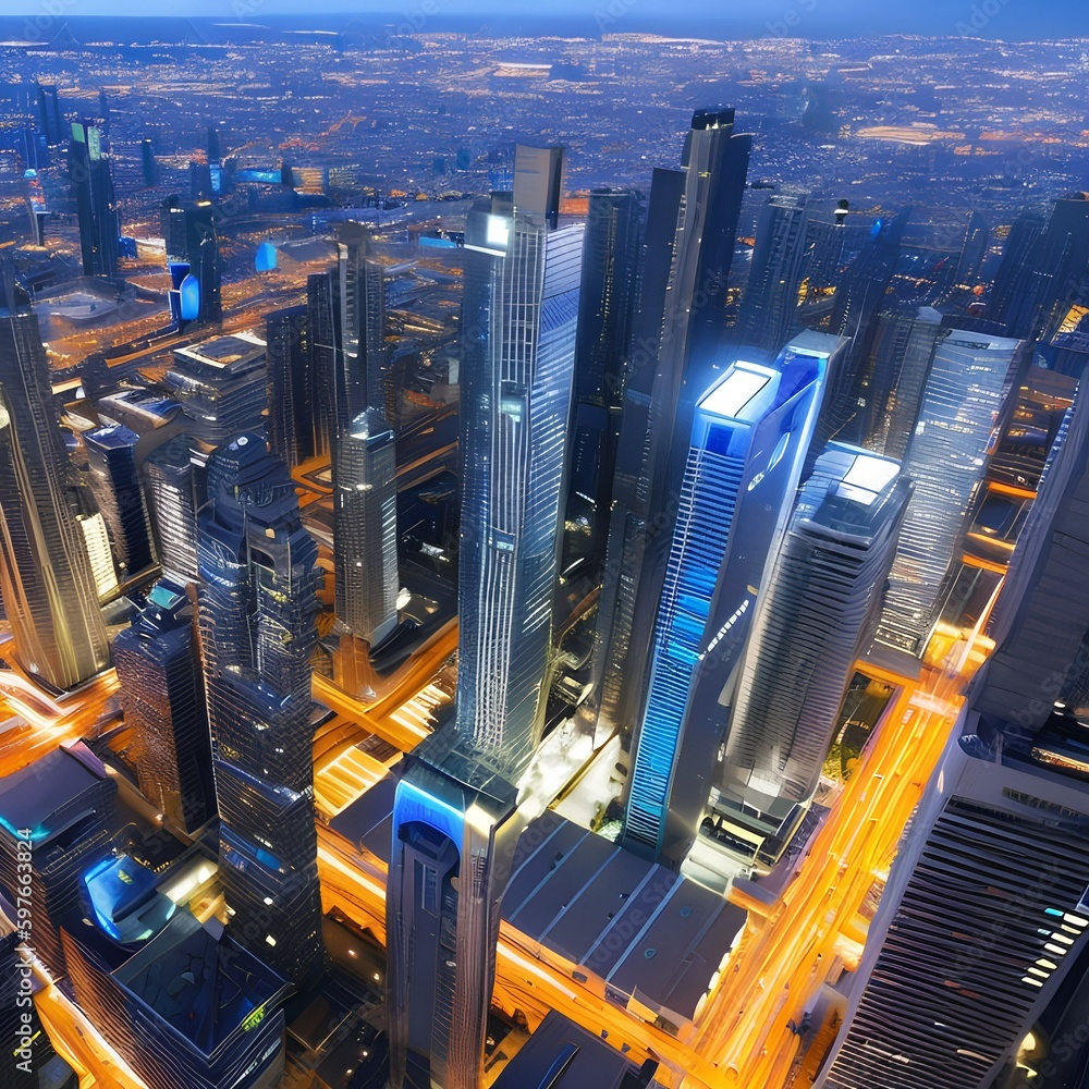 A futuristic interpretation of a human city, with towering buildings ...