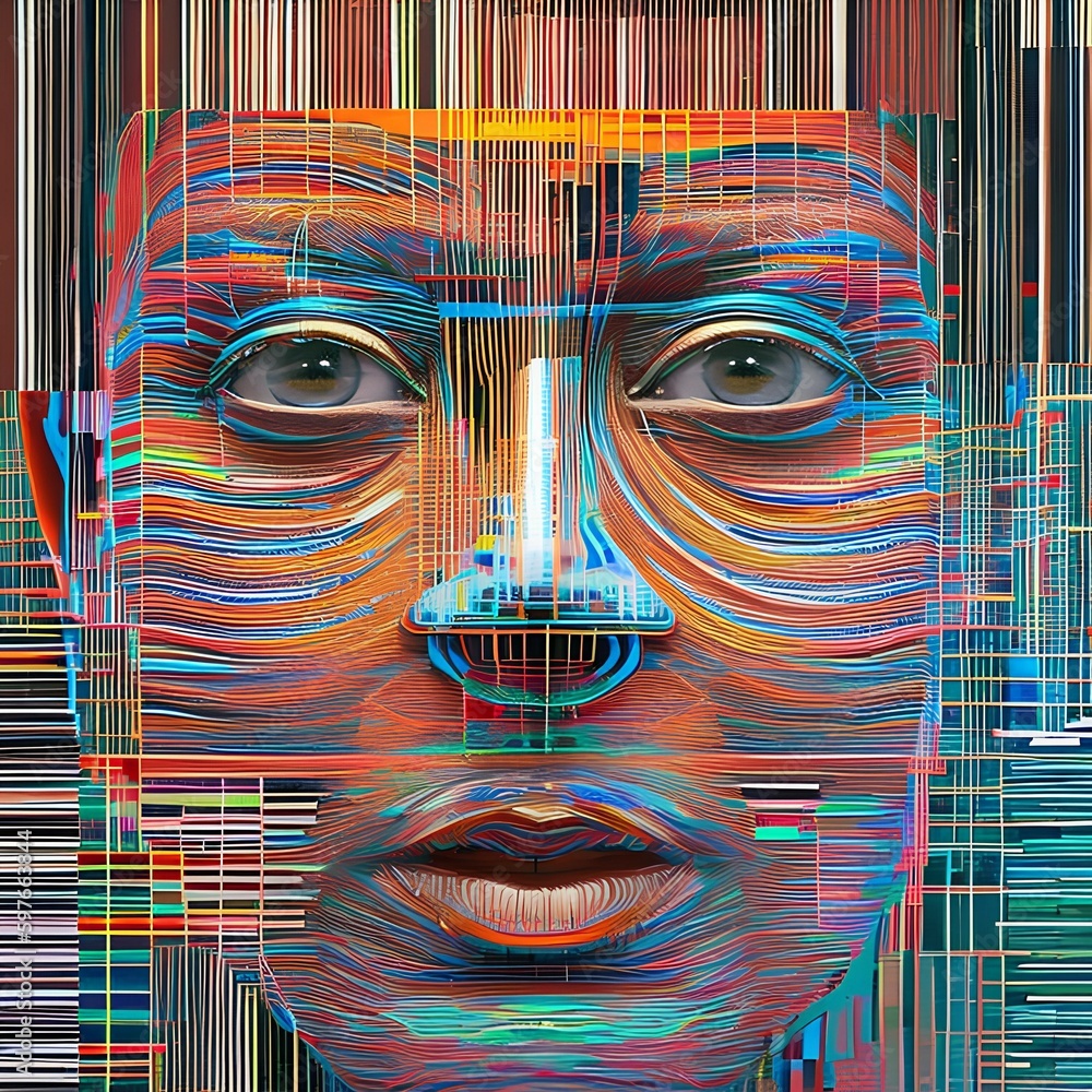 A glitchy portrait of a human face, with pixels and lines breaking ...