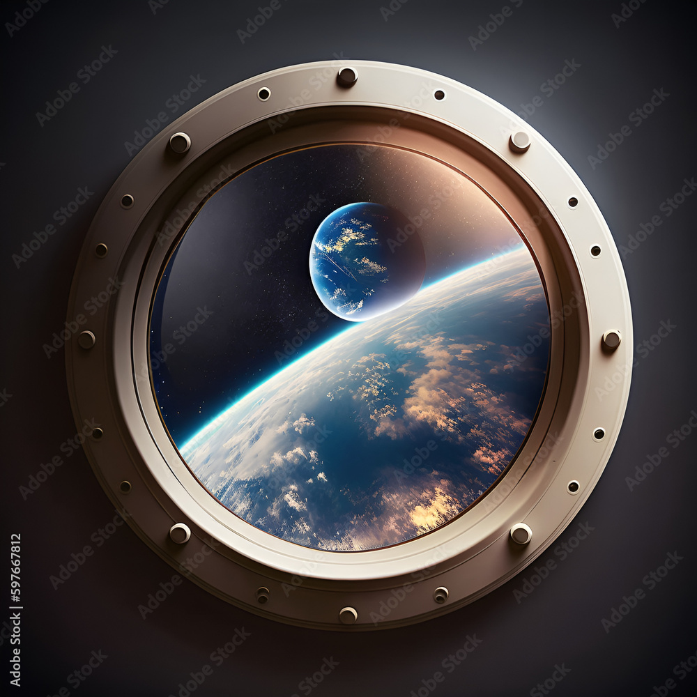 Spaceship window view porthole from rocket to dark sky with earth stars ...