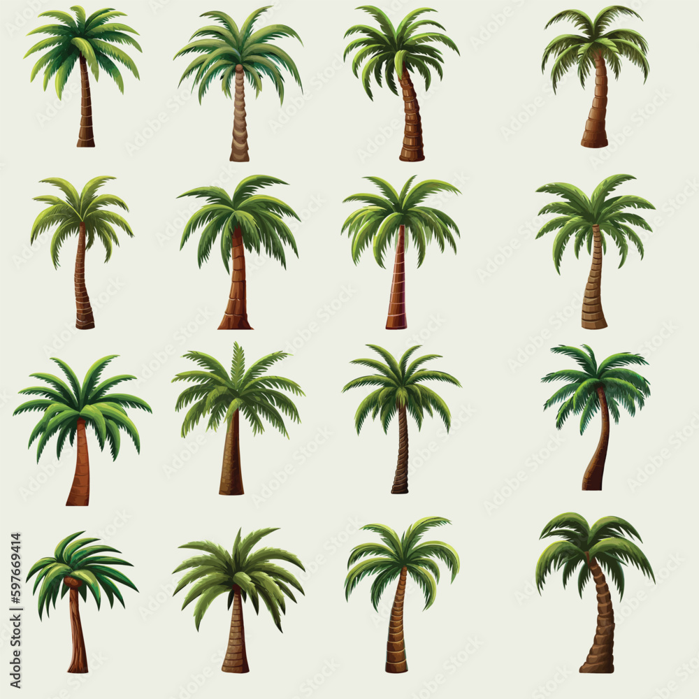 Vector Set Featuring Various Variants of Palm Trees, Isolated on a ...