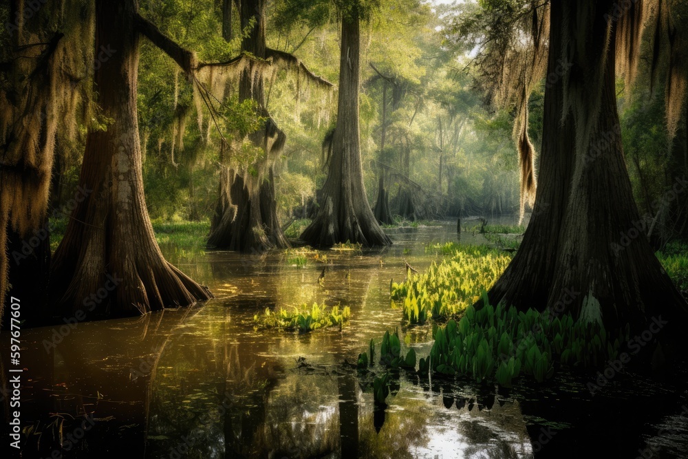 Louisiana Southern Bayou Swamp with Bald Cypress Trees and Spanish Moss ...