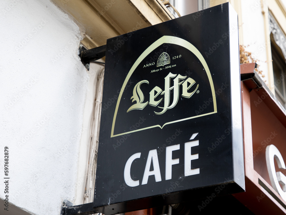 leffe Belgian beer sign brand and text logo on facade cafe wall bar ...