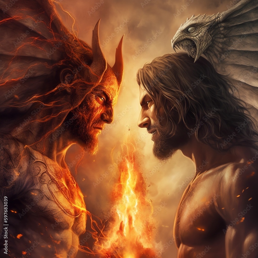 Lucifer the devil and Jesus the Christ engage in combat, Generative AI ...