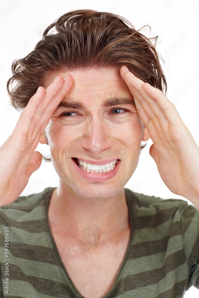 Man, frustrated and regret mistake in studio with thinking, memory and ...