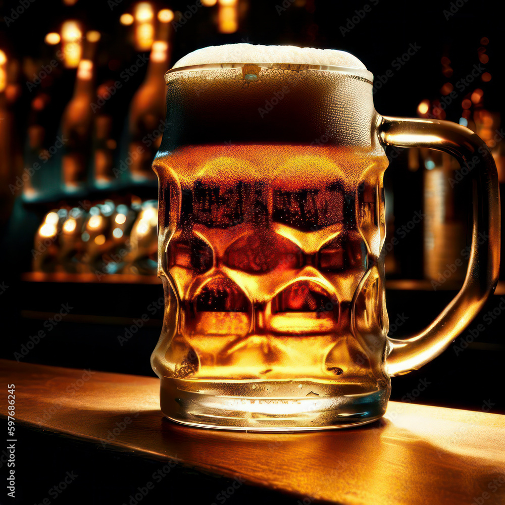 Mugs full of beer on a bar counter, dramatic lighting generative AI ...