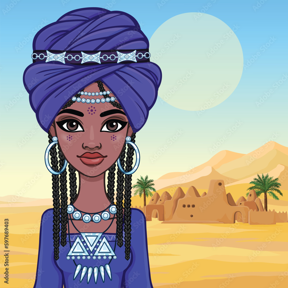Beautiful animation African princess in ancient clothes and a turban ...