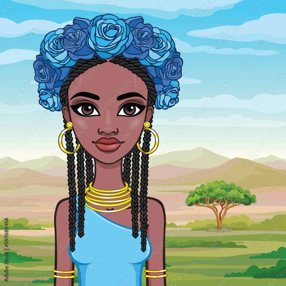 Animation portrait of the young beautiful African woman with Afro hair ...