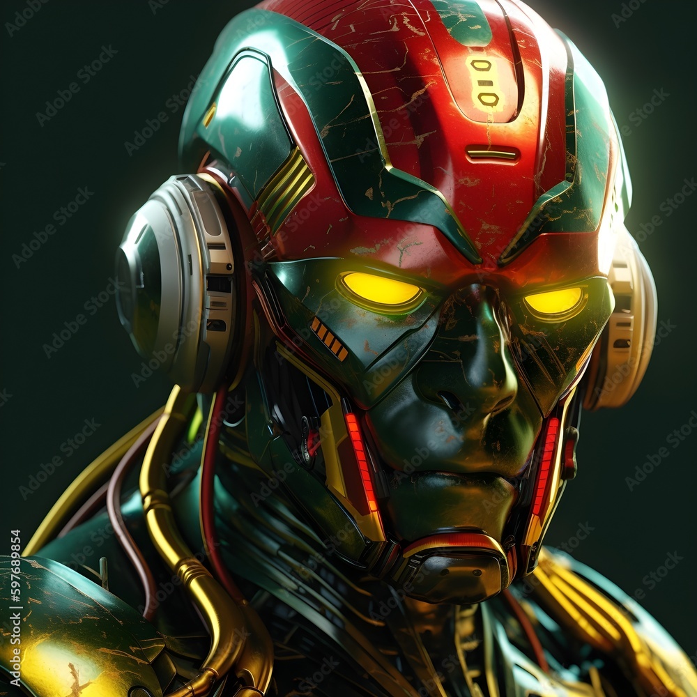A Black man head of a robot with red, yellow, green color. Black lives ...