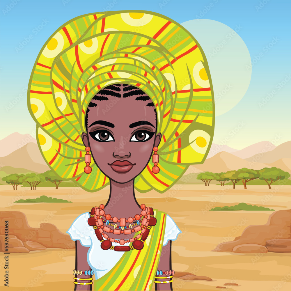 Animation portrait of a young African woman in ancient ethnic jewelry ...