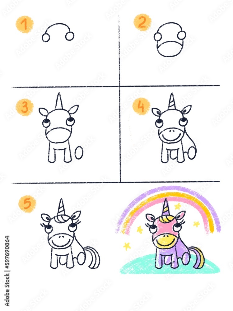 Step by step drawing of cute unicorn. Coloring by sample. Easy level ...