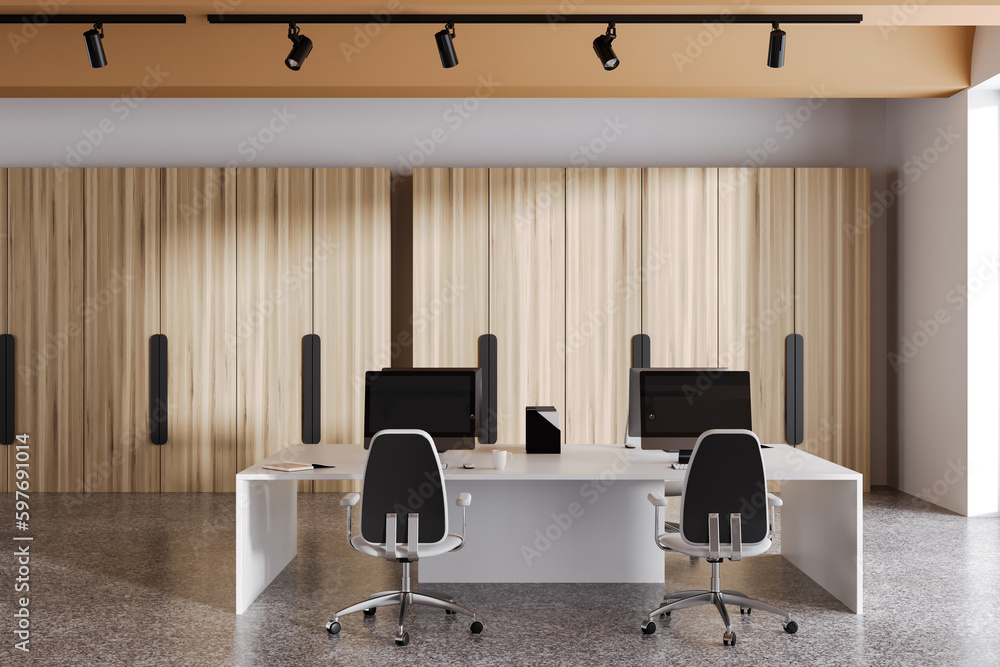 Workplace in white and yellow ceiling open space office with wardrobe ...
