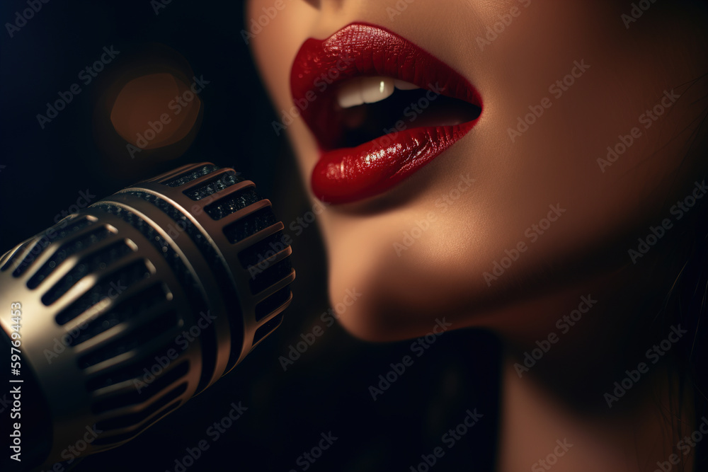 Singer musician performing at a concert, show or karaoke. Female mouth ...