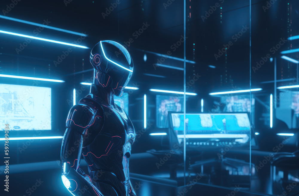 Futuristic Scene with Humanoid Robot and Advanced Technology in a Base ...