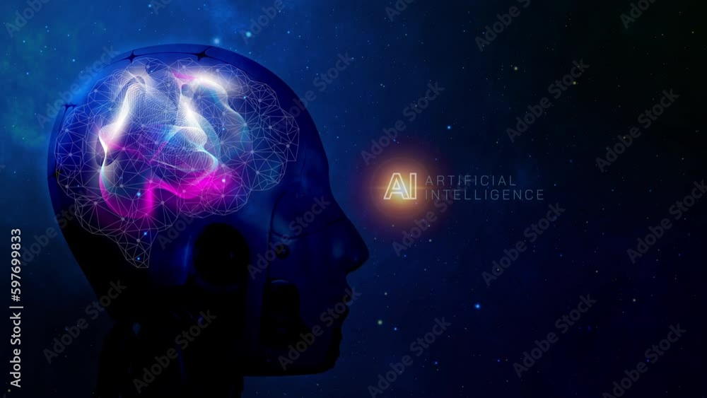 Robot head with glowing AI icon on future virtual background ...