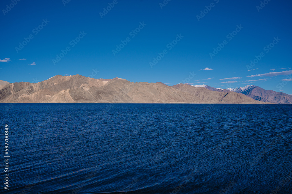 beautiful scenery of Pangong lake, blue lake water, blue sky, snow ...