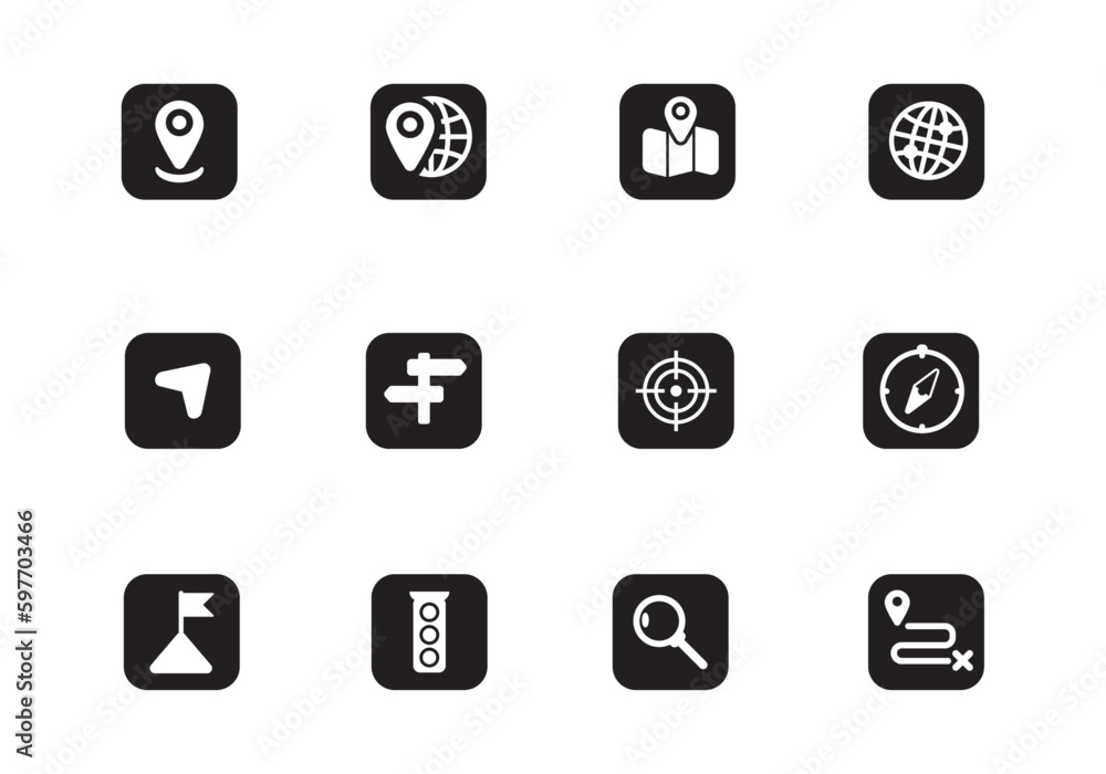 Set of location and navigation icons in rounded rectangle shape with ...