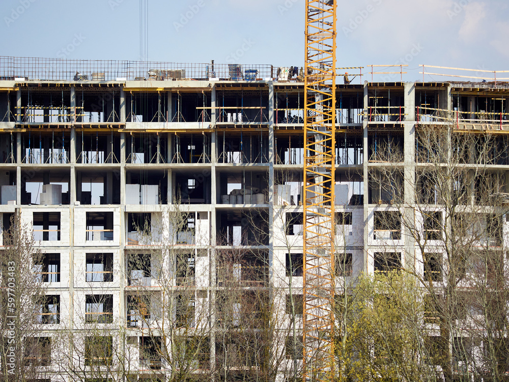 Construction of a frame building. Cranes and slab formwork. Stock Photo ...