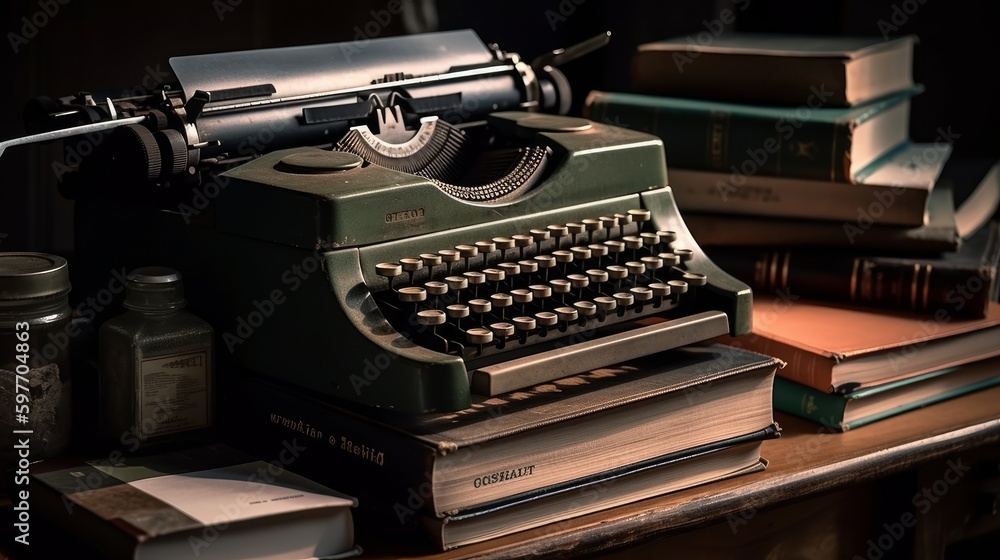 Typewriter on a stack of books with a notebook. AI generated Stock Illustration | Adobe Stock