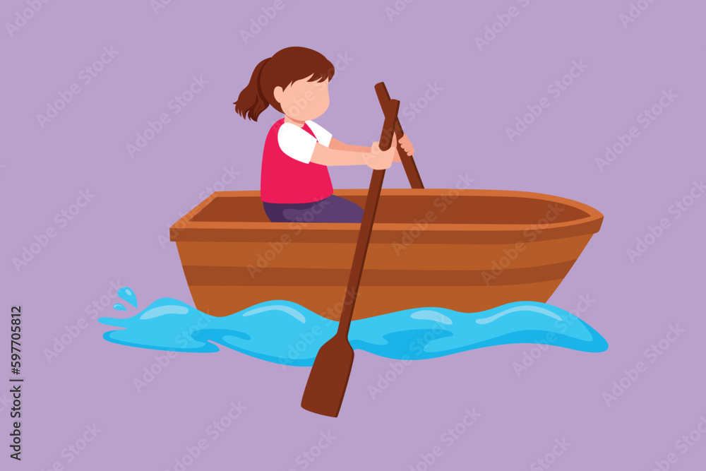 Character flat drawing cute little girl paddling boat at river. Pretty ...