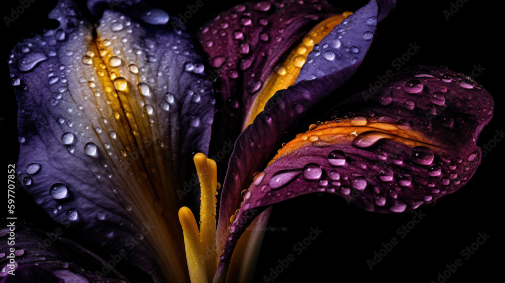 Beautiful purple flower with raindrops created with generative AI technology Stock Illustration ...
