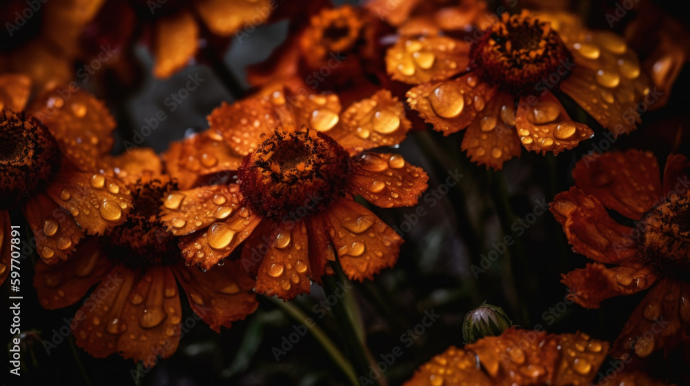 Sneezeweeds on black background with raindrops created with generative AI technology Stock ...