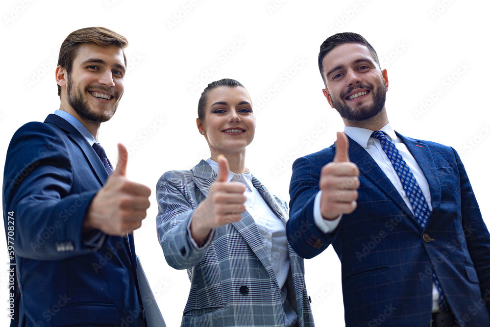Successful business people with thumbs up and smiling on a transparent ...