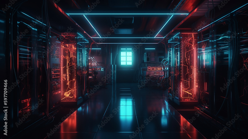 A dark server room with predominantly red and blue lighting, AI ...