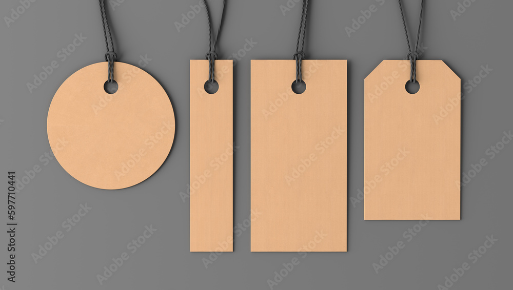 Cardboard tags of various shapes mockup on gray background. View ...