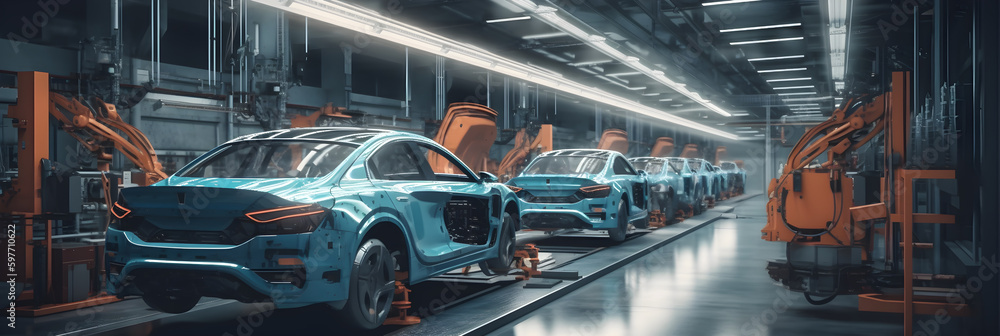 Automated futuristic electric cars factory production line Assembly ...