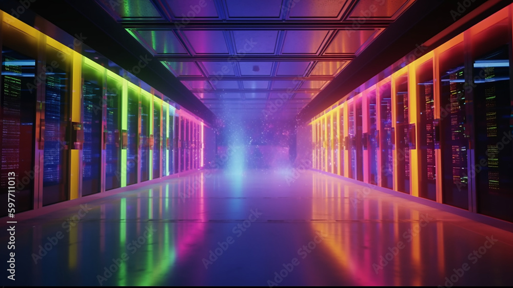 Furious server room with colorful neon effects and lightning, AI ...
