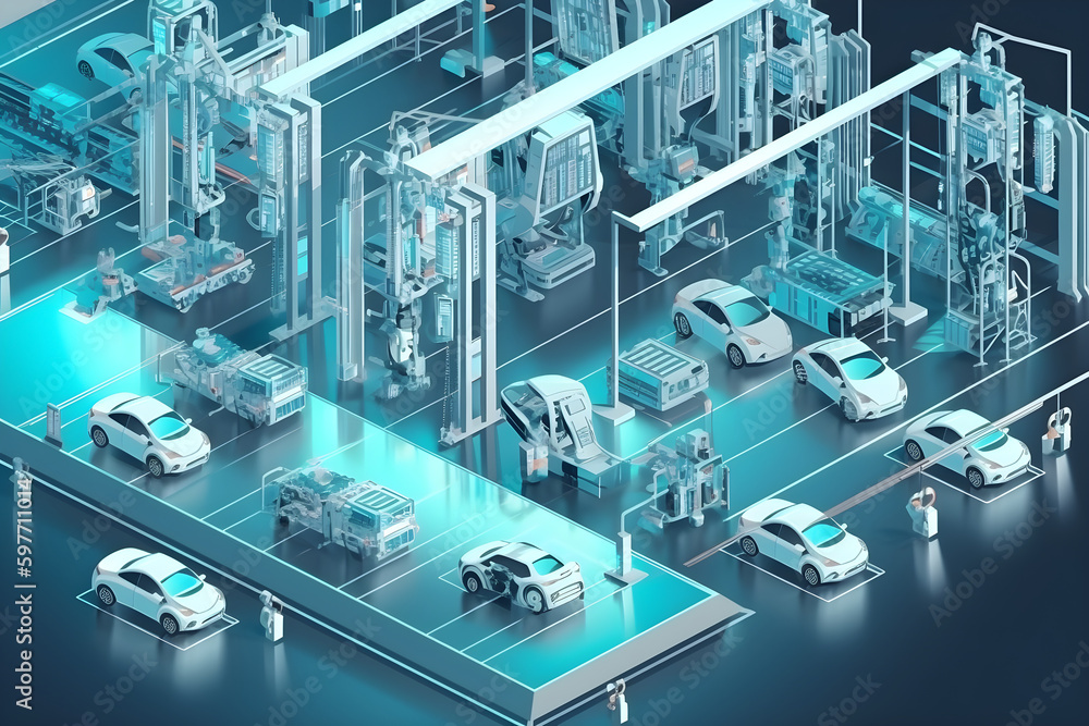 Automated futuristic electric cars factory production line Assembly ...