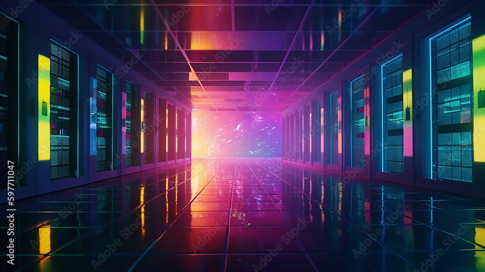 Furious server room with colorful neon effects and lightning, AI ...