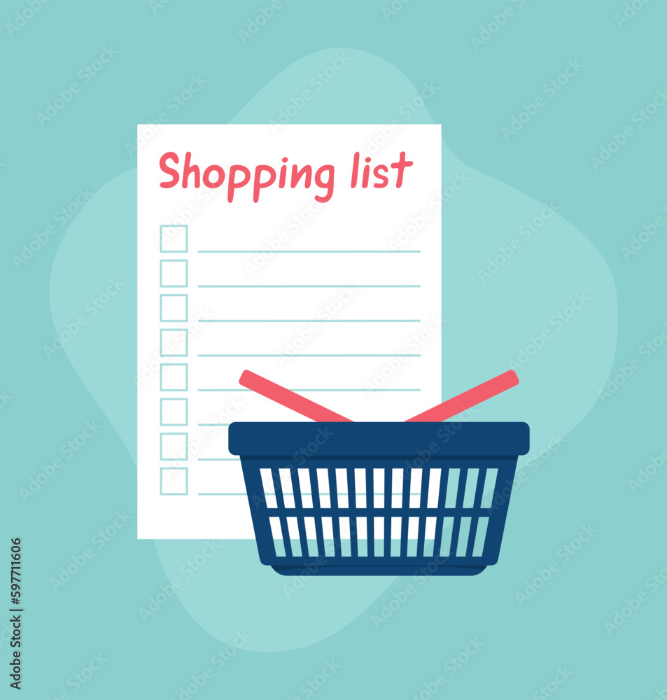 Big shopping list and blue plastic shopping basket on a turquoise ...