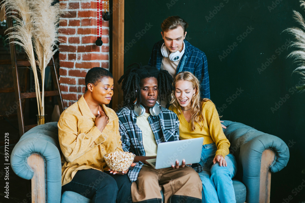 diversity and international group of young people students watching ...