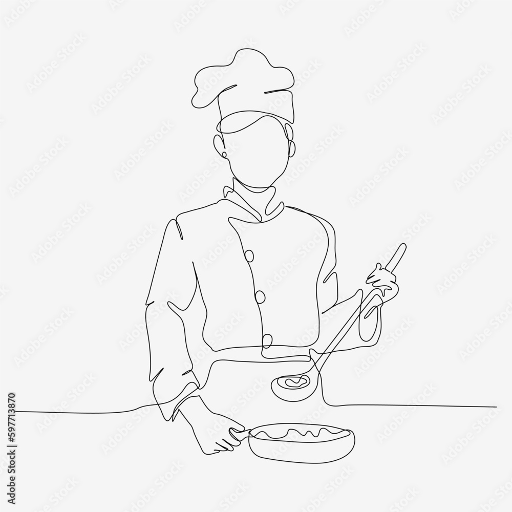 One line continuous design of chef in hat. Cooking art design, serving ...