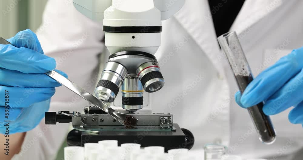 Laboratory worker takes soil from test tube and puts under microscope ...
