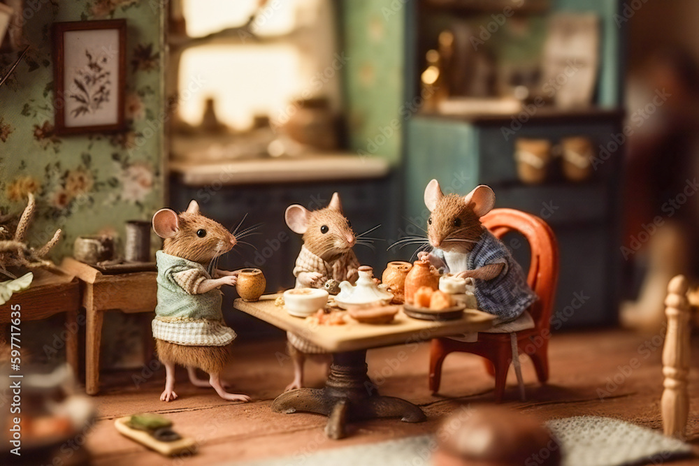 Cute mice family having dinner in a rural kitchen. Created with ...
