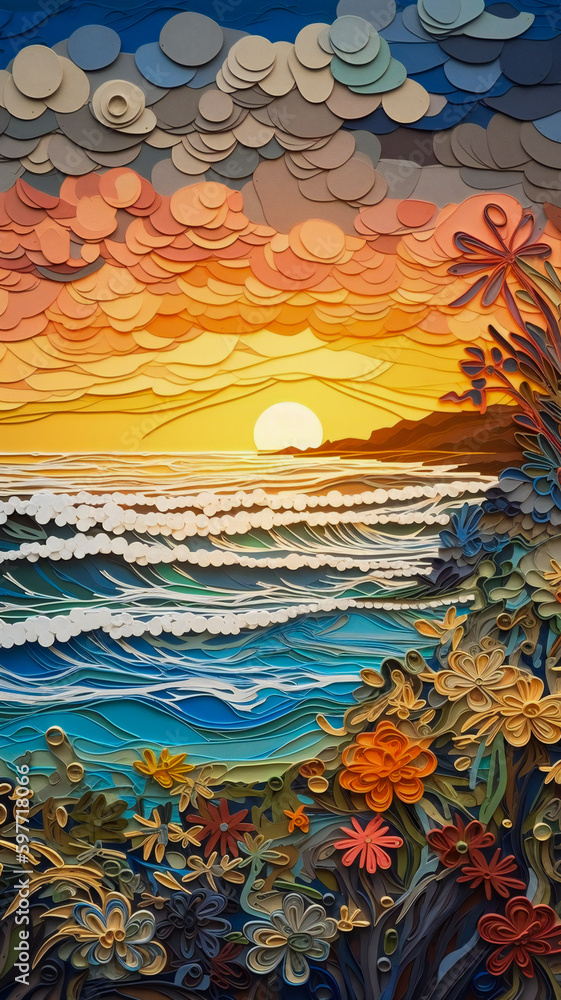 Paper quilling art representing a landscape with water, sky and trees ...